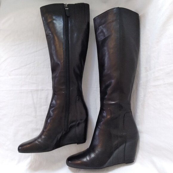 Via Spiga | Shoes | Via Spiga Black Leather Tall Wedge Boots Size 65m ...
